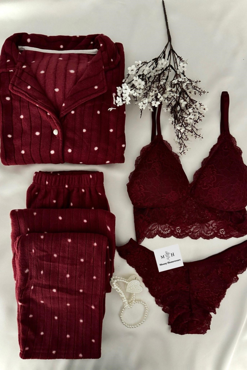 Benekli Termal Bordo Pijama Takımı